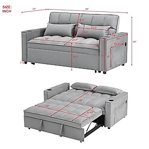 64" Spacious Futon Loveseat Sofa with Pull Out Sleeper Couch Bed, USB Ports and 2 Cupholders, Functional Adjustable Backrest Tufted Upholstered Love Seat Convertible Full Size Sofabed for Living Room