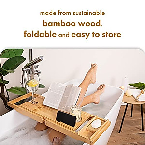 TranquilBeauty Premium Bath Caddy | Bath Board with iPad, Tablet, and Phone Stand | Extendable Wooden Tray Bath Rack