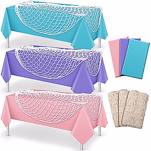 Unittype 6 Pcs Fish Net Decorative and Tablecloth Set, Cotton Fishnet and Plastic Table Cover Decorations Set for Nautical Themed Party Baby Shower Pirate Decorations Mermaid Party(Fresh Color)