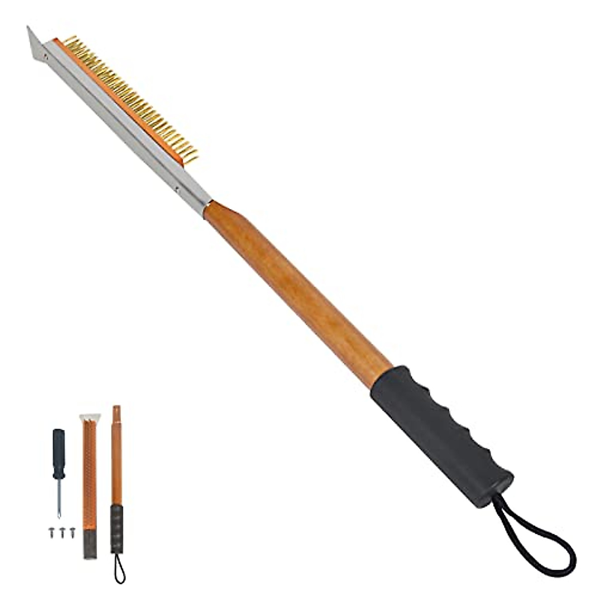 Pizza Oven Brush with Scraper and Ergonomic Silicone Handle, Keeps Your Oven Spotless, Portable Brass Bristles Pizza Stone Brush, Come with Installation Tool, Outdoor Pizza Oven Accessories