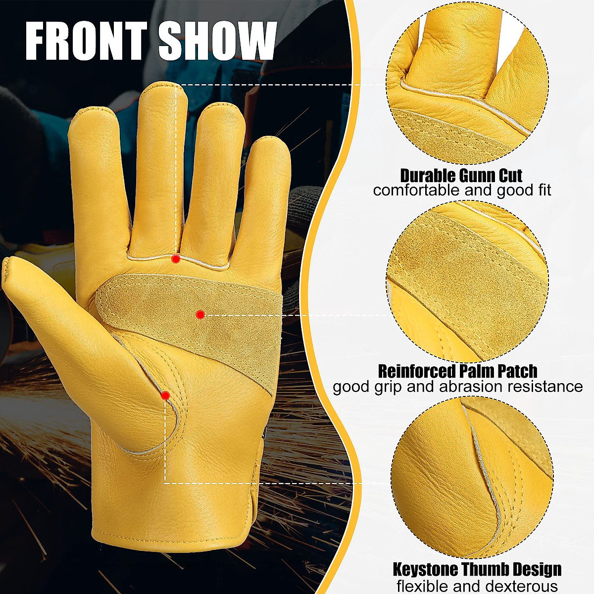 Bencailor 4 Pairs Cowhide Leather Gloves Adjustable Wrist Gloves Puncture Cut Resistant Gloves Work Gloves for Men & Women(Golden Yellow)