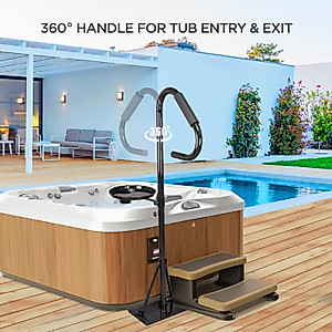 Hot Tub Handrail with Cup Holder Tray 56" Height 360 Rotatable Rust Proof Aluminum Hot Tub Railing with Slide Under Mount Base for Spa Hot Tub 600 LBS Capacity Hand Rail