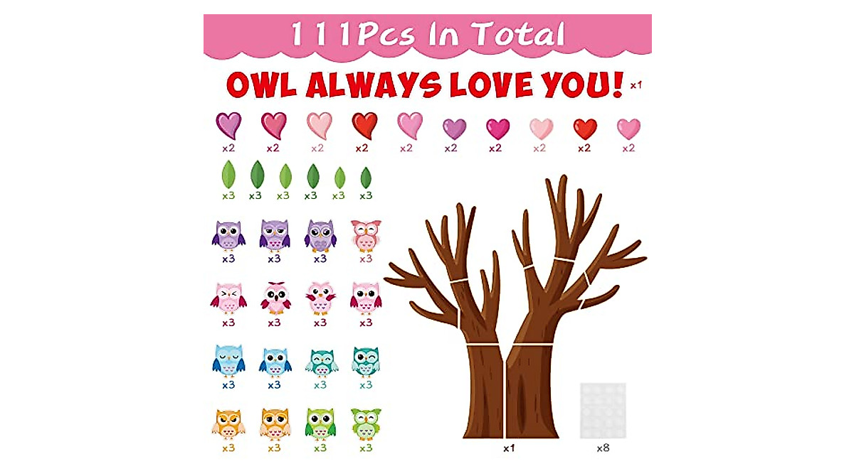 111Pcs Valentine's Day Classroom Tree Heart Owls Bulletin Board Cut 0ut ...