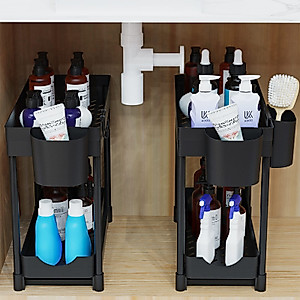 2 Pack Under Sink Organizers and Storage with Sliding Drawer, 2 Tier Under Sink Storage Rack for Bathroom Kitchen, Under Cabinet Counter Storage Shelf Organizer with Hooks & Hanging Cups (Black)