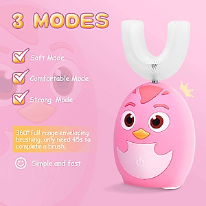 Twinto Electric Toothbrush Kids, U-Shaped Children's Toothbrush, Waterproof Cordless Rechargeable Toothbrush Teeth Whitening for 3-6 Years Boys Girls (Pink)