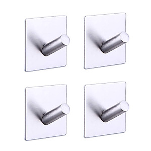 kimzcn Towel Hook/Adhesive Hooks - Wall Hooks for Coat/Robe/Towels Stick on Bathroom/Kitchen 4-Pack, Stainless Steel Brushed Finish
