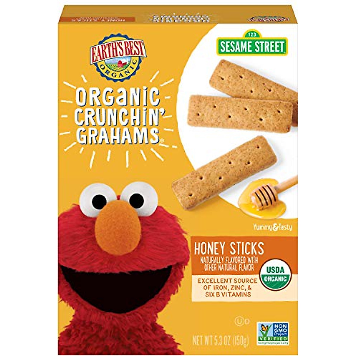Earth's Best Organic Kids Snacks, Sesame Street Toddler Snacks, Organic Crunchin' Grahams for Toddlers 2 Years and Older, Honey Sticks with other Natural Flavors, 5.3 oz Box