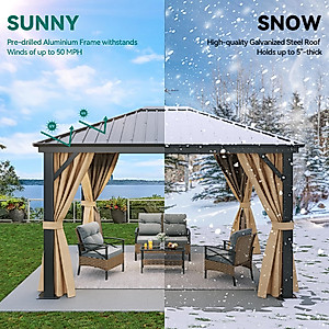 YITAHOME 10x12ft Hardtop Gazebo with Nettings and Curtains, Heavy Duty Galvanized Steel Outdoor Vertical Stripes Roof for Patio, Backyard, Deck, Lawns, Brown