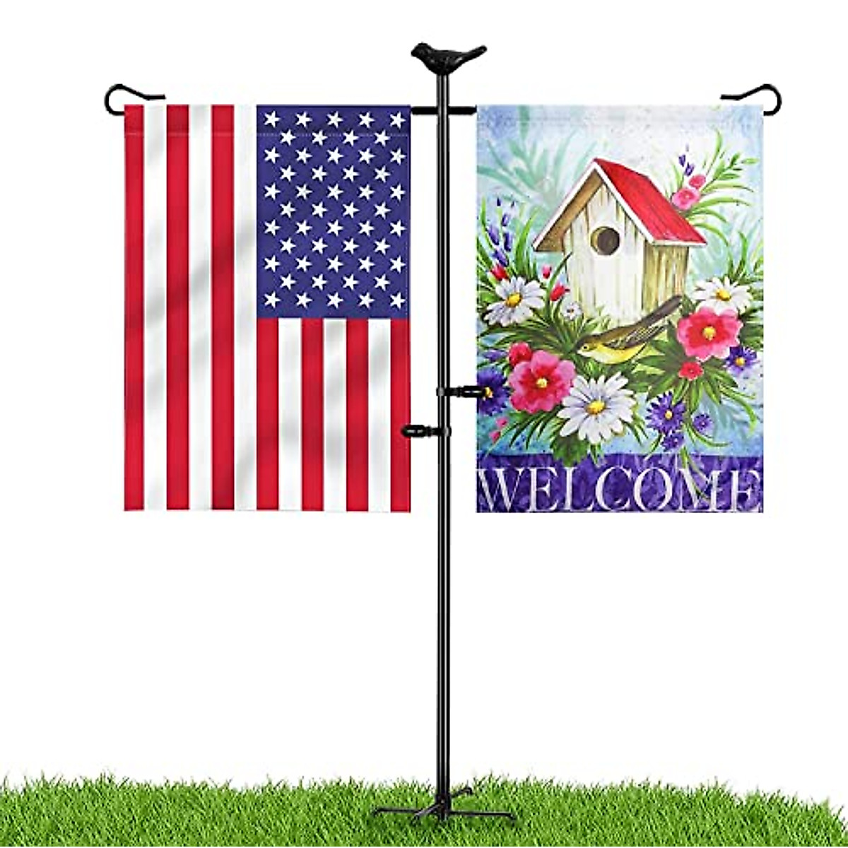 Upgraded 47 Inch Garden Flag Stand Holder Pole for Double Flags with 5 Prong Bases and Anti-Wind Clip for 12" x 18" Yard Flags Décor, Outdoor Iron Yard Flag Pole Garden Double Flags Holder