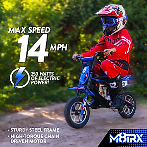 24V Electric Dirt Bike, M8TRIX Ride on Toy Motorcycle for Kids and Teens (Blue)