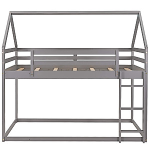 Twin Over Twin Low Bunk Bed, Wood House Bunk Bed Frame with Ladder, Guardrail and Roofs Floor Bunk Bed for Kids, Teens, Girls, Boys,Gray