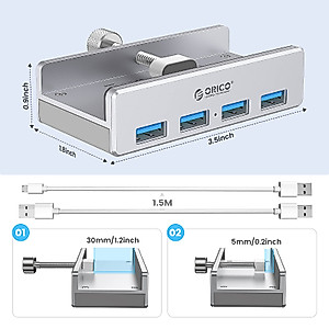 ORICO USB 3.0 Hub, USB Hub Clamp, Aluminum 4-Port USB Splitter with Extra Power Supply Port and 4.92 FT USB A to USB A and USB A to USB C Cable, Desktop Powered USB Hub for Monitors/Desks-Silver
