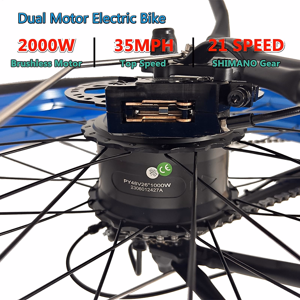 Electric Bike for Adult, [Upgraded Version] Dual Motor 2000W 22.4Ah 35MPH AWD Ebike 21 Speed 26" Fat Tire MTB Hydraulic Disc Brake Front Suspension (Black)