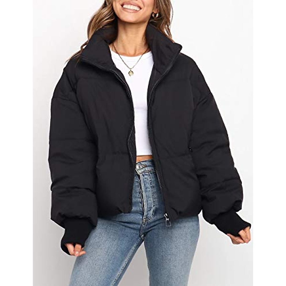 MEROKEETY Women's Winter Long Sleeve Zip Puffer Jacket Pockets Baggy Short Down Coats