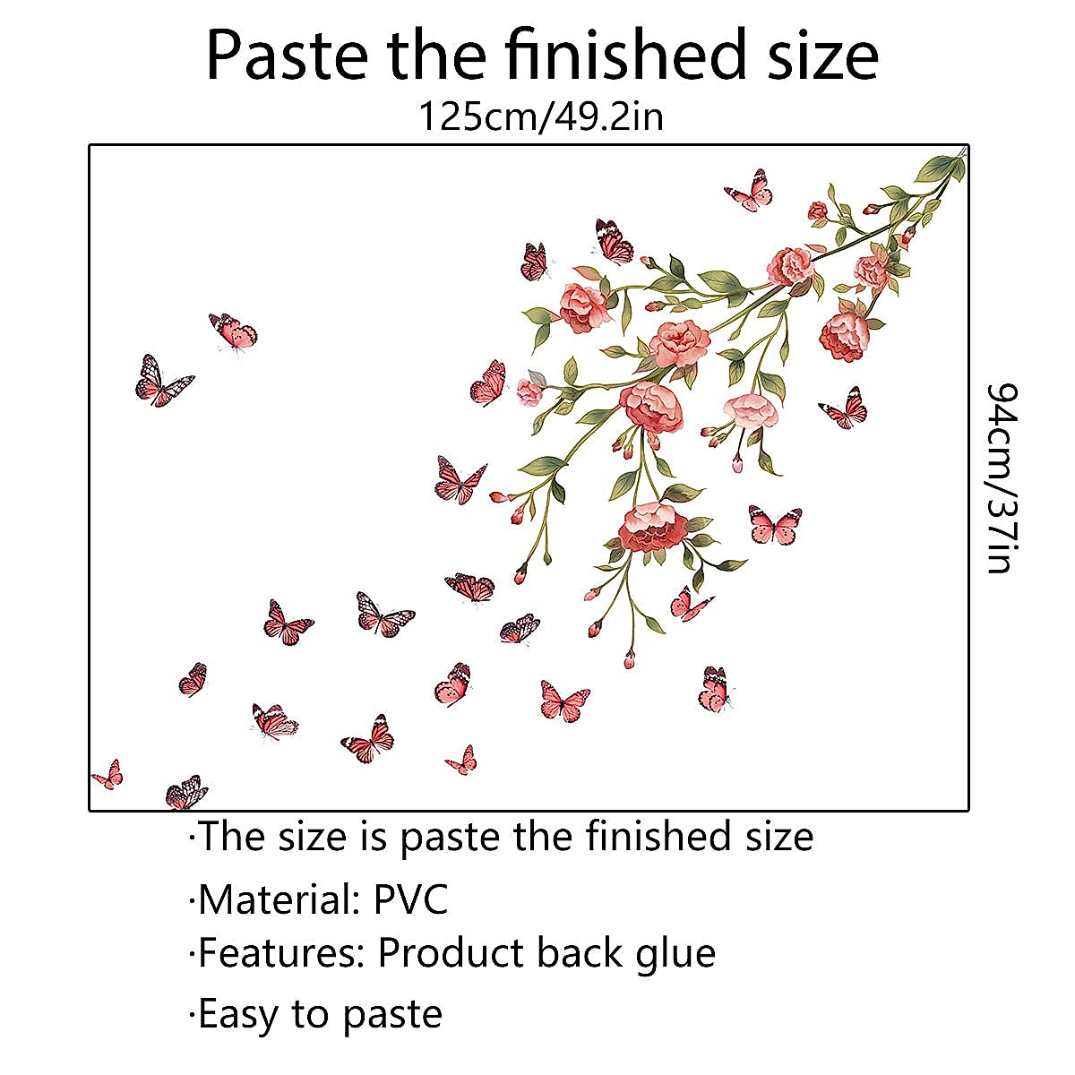 Cute Peony Flower Wall Decals Pink Rose Floral Wall Decals Butterfly Wall Stickers Removable Peel and Stick for Kids Room Bedroom Living Room Garden Backyard Wall Decoration