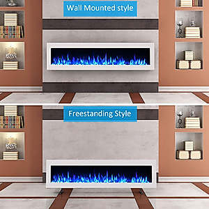 GMHome 50 Inches Wall Mounted Electric Fireplace Freestanding Heater Crystal Stone Flame Effect 9 Changeable Flame Color Fireplace, with Remote, 1500W – Metal Panel, White