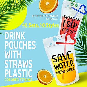 40 Sets Drink Pouches for Adults with Straws,Plastic Drink Bags with Zipper Party Beverage Bags,Bachelorette Party favors juice Party pouches for adults(10 Styles)