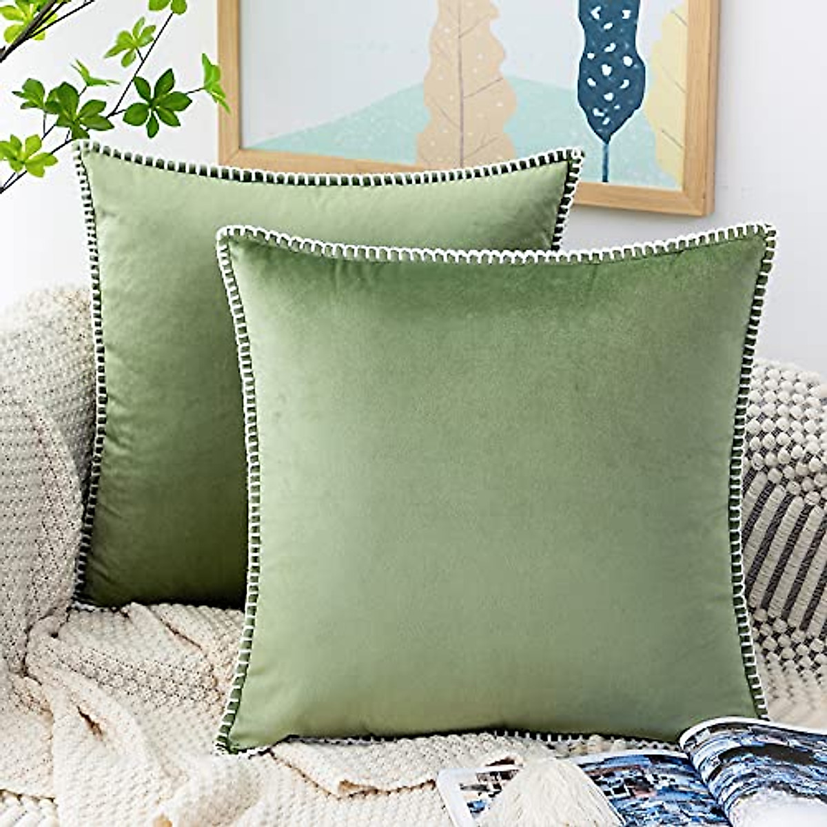 GAWAMAY Velvet Farmhouse Spring Pillow Covers 18x18 Set of 2,Decorative Green Throw Pillows with Chenille Thread Edge,Square Boho Couch Pillows for Living Room Sofa Couch Beding(45x45cm) Burgundy Red