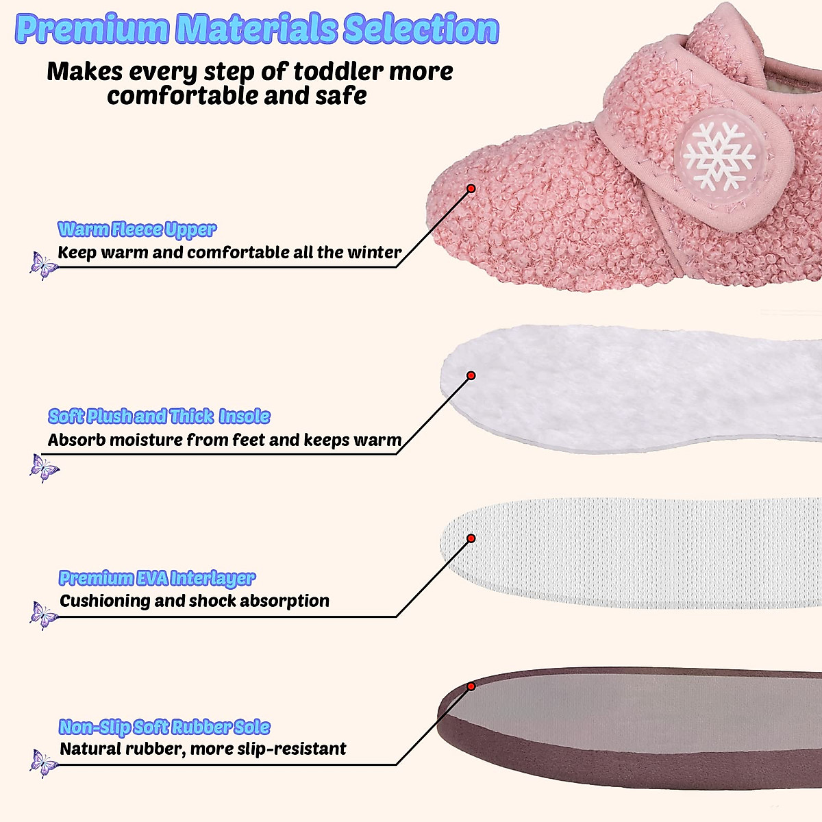 Charrost Baby Infant Boy Girls 03 6 12 18 months First Walking Shoes Size 3 Toddler Soft Sole Non Slip Lightweight Slip on Wide Sock fleece Booties Casual 2 Tiny Feet House Slipper indoor(Pink,14 3T