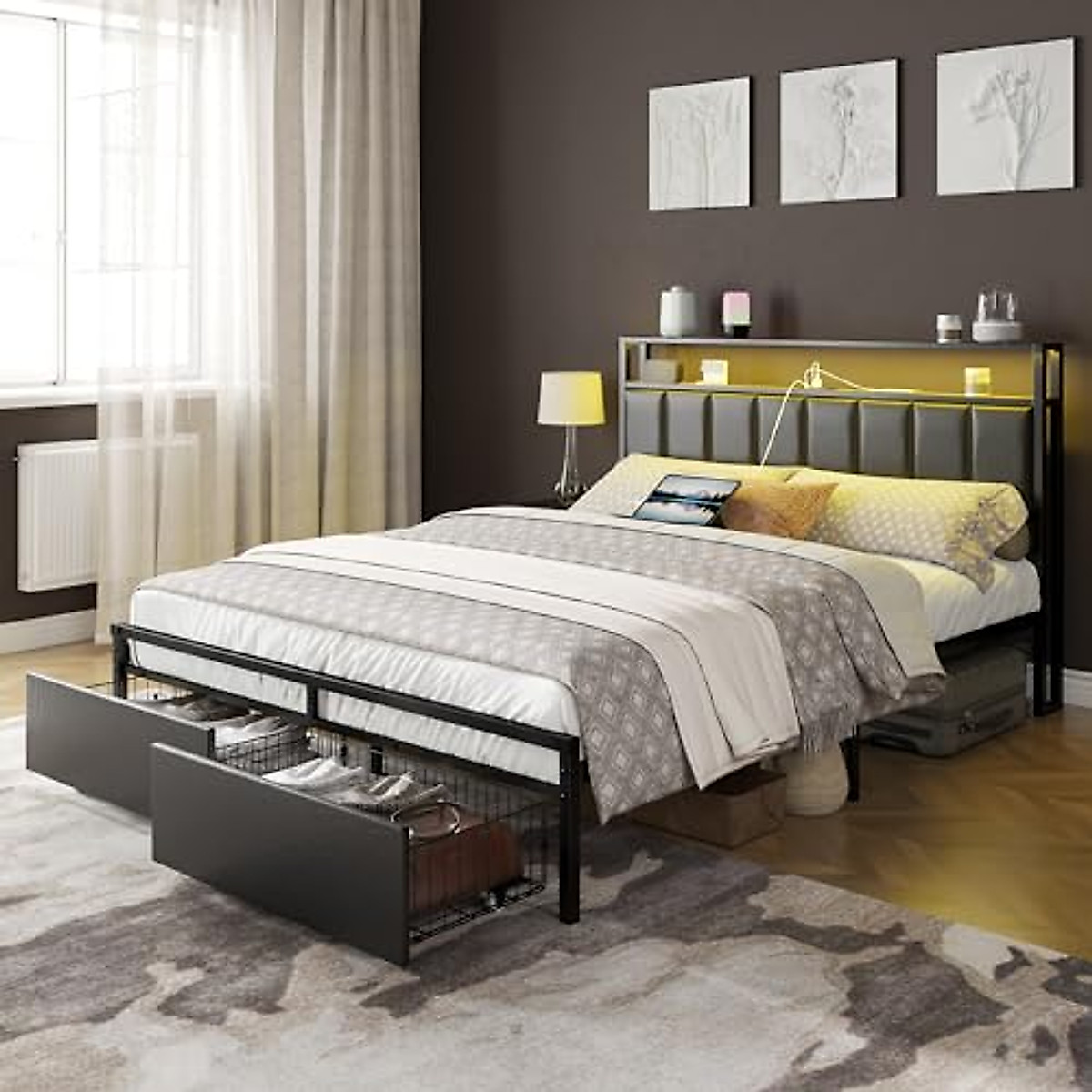 amerlife LED Bed Frame with Drawers, Full Platform Bed Frame with 2-Tier Storage & Leather Upholstered & Charging Station Headboard, No Box Spring Needed, Noise Free, Easy Assembly, Black