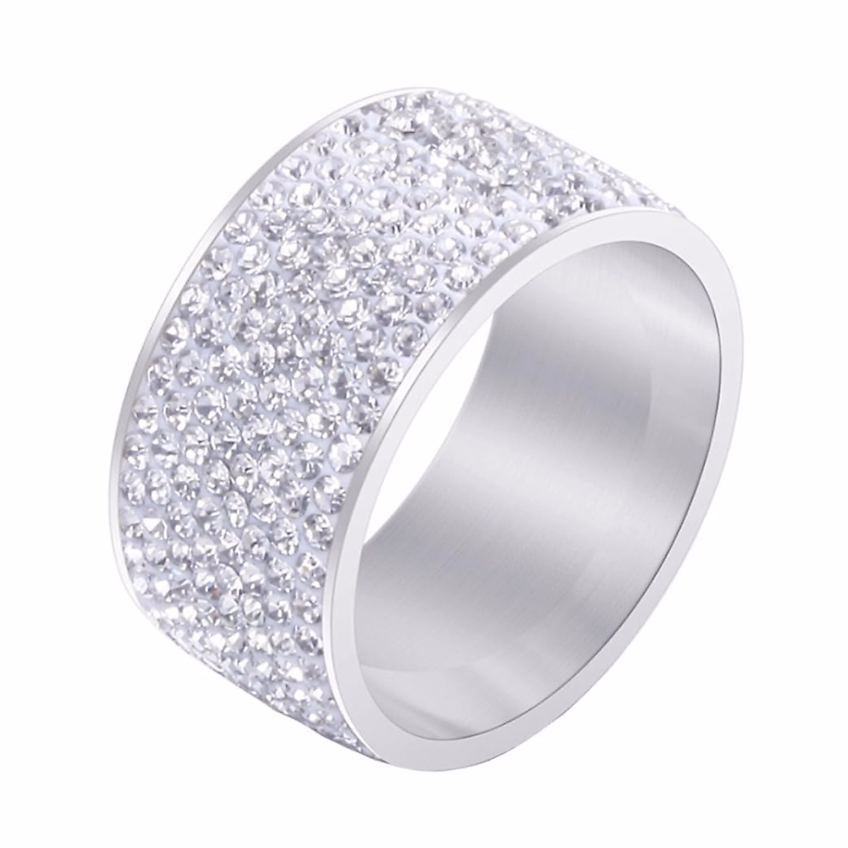 IFUAQZ Stainless Steel Gorgeous Silver 8 Rows Lines Cz Cubic Zirconia Clear Crystal Eternal Wedding Band Ring 12mm, Silver White Size 7