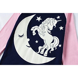 Girls Unicorn Pajamas Glow in the Dark Two Piece Long Sleeve Cotton PJs Toddler Girl Unicorn Shirt Kids Sleepwear 6t/6206