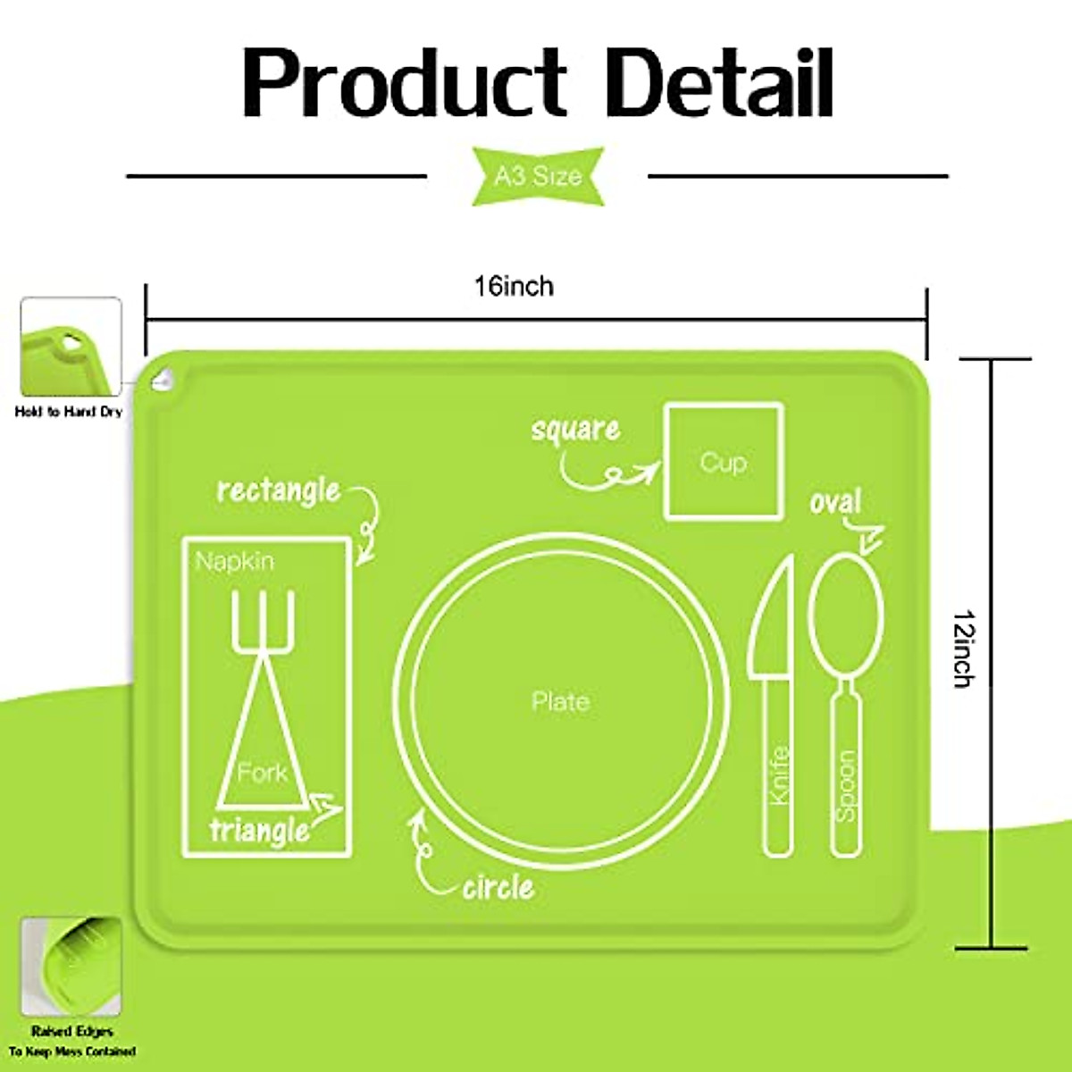 DGitaor Montesorri Placemat for Kids, Toddler Silicone Placemat for Dining Table, Non-Slip Baby Placemat, Dishwasher Safe, Wathet&Green
