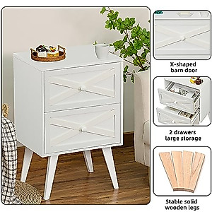 Lerliuo White Nightstand, Bed Side Table with 2 Drawers Barn Door, Solid Wooden Legs Night Stand, Mid Century Modern End Table Storage Wood Cabinet Dresser for Bedroom, Living Room, Dorm