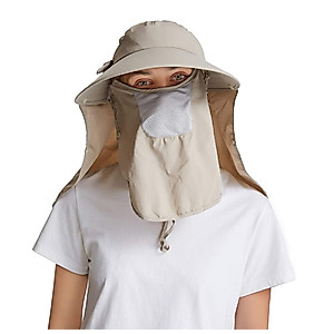 icolor Women Sun Cap Finshing Hats UPF+50 Detachable Face Mask Neck Flap Visor Wide Brim Sun Protection Hiking Hats Khaki