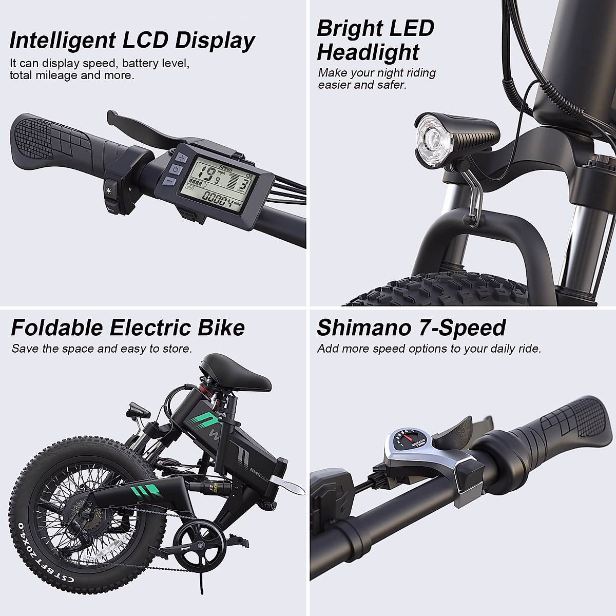 Wooken Electric Bike for Adults, 20''X4.0 Fat Tire Ebike for Adults, (Peak 750W) Foldable Electric Bicycle with 48V 10Ah Battery, 7 Speed, Shock Absorber, 20MPH Ebike for Mountain Beach Snow
