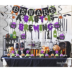 Aisosiks A Baby is Brewing Halloween Baby Shower Decorations with A Baby is Brewing Banner, Cake Topper, 24pcs Cupcake Toppers and Hanging Swirls for Halloween Baby Shower Party Decorations