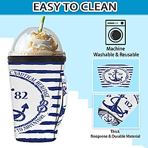 Nautical Navy Reusable Iced Coffee Sleeve Cold Beverage Coozies Compatible£¬Blue Striped Anchor Cup Sleeve with Handle Machine Washable for Most Coffee Drinks Fits 24-28 oz Coffee Cups