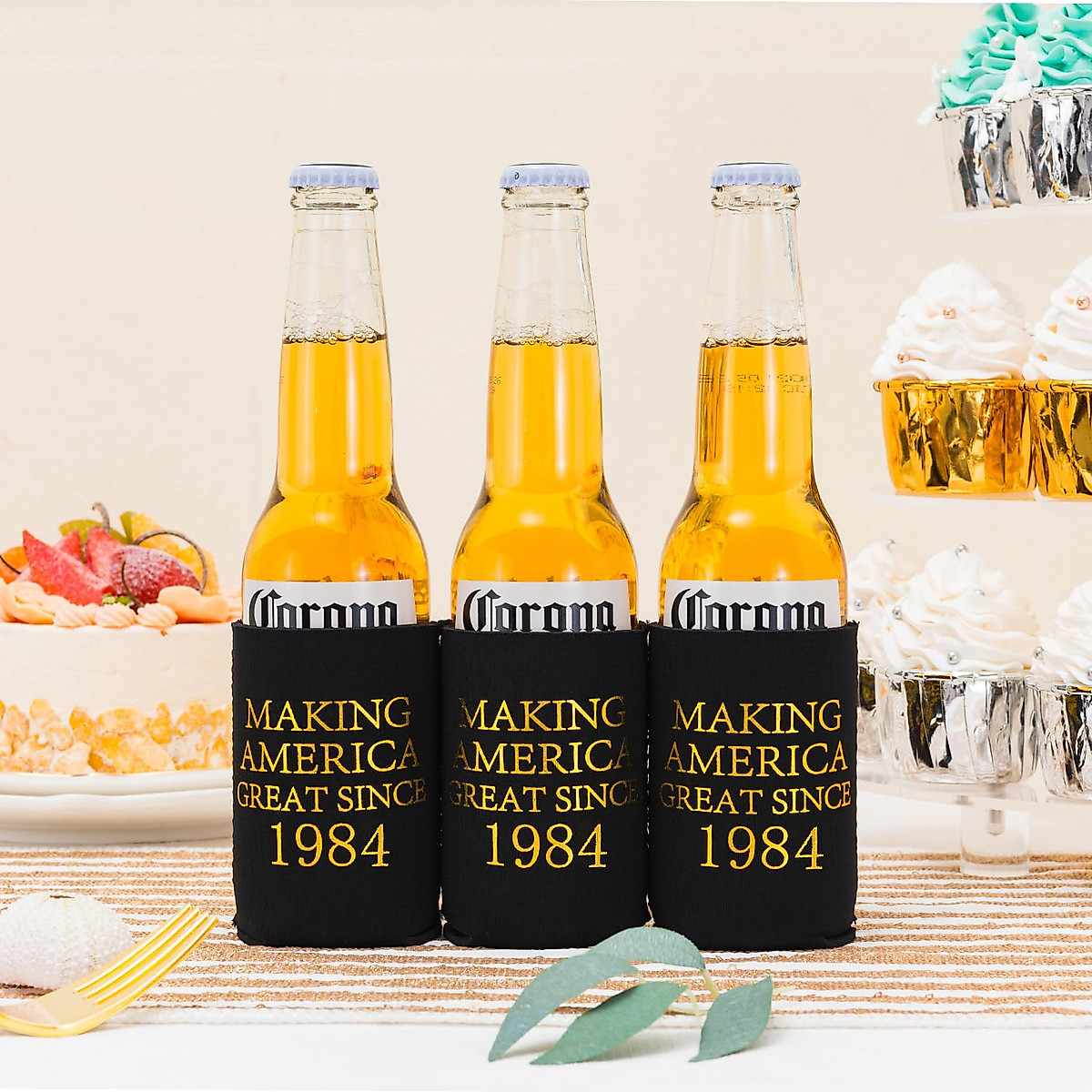 Crisky 40th Birthday Beer Sleeve, 40th Birthday Can Cooler Insulated Covers, 40th Birthday Decorations Black Gold Making Great Since 1984, Neoprene Coolers for Soda, Beer, Can Beverage, 12 Pcs