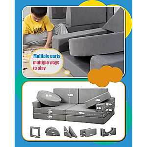 Manlilai Kids Sofa Couch 15PCS - Modular Toddler Play Couch with Removable Cover, Multifunctional Kids Couch for Playroom Bedroom - Convertible Foam Toddler Sofa for Girls and Boys (Gray)