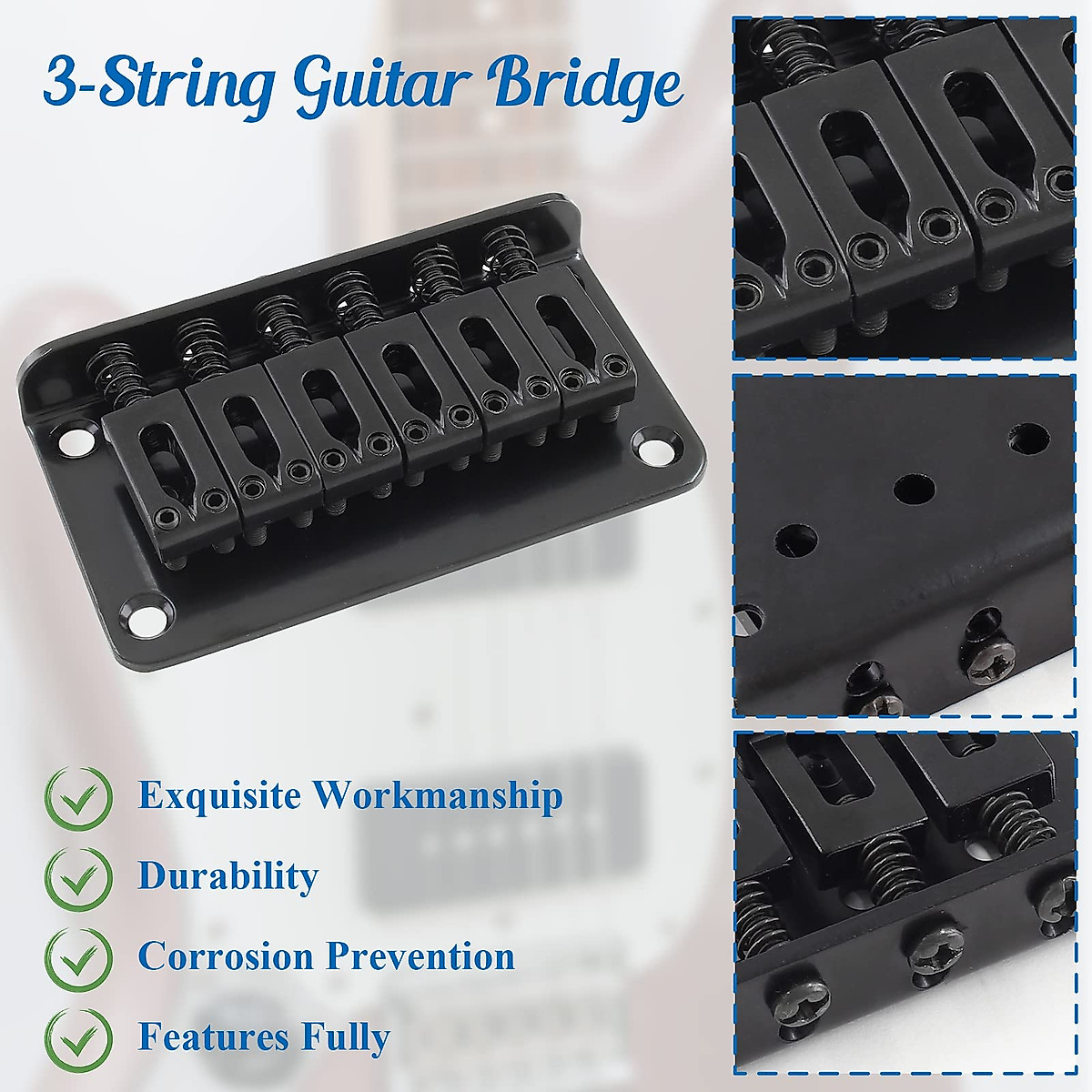 HARSKIYER Black Adjustable 6 String Guitar Bridge, Metal Fixed Top Load Guitar Tailpiece Guitar Fixed Bridge Hardtail Saddle Bridge Guitar Parts for 6 String Guitar