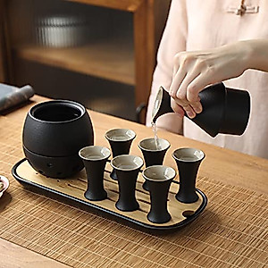 TEANAGOO Traditional Japanese Sake Set, Sake Carafe(6 Oz) with 6 Sake Cups (0.9 Oz) for Hot or Cold Japanese Soju Liquor with Serving Bambo Tray Gift Sets 10pcs/Set. Saki Sets Traditional Carafe Set…