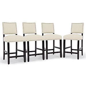 DAGONHIL 24 inch Bar Stools Set of 4, Counter Height Stools, Fabric Upholstered Barstools with Back and Wood Leg, Armless Dining Chairs with Silver Copper Nail for Kitchen Island Living Room (Beige)