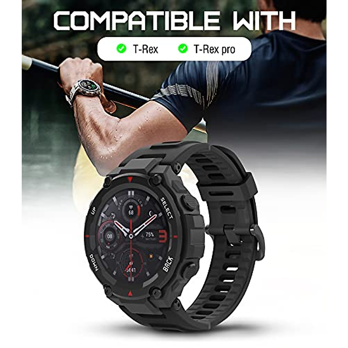 MoKo Sport Strap Compatible with Huami Amazfit T-Rex/T-Rex Pro, Soft Silicone Watch Band Adjustable Wristband Replacement Watchband with Tools, Black