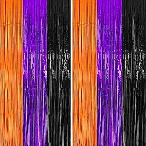 2 Packs 3.3ft x 8.2ft Halloween Orange Purple Black Tinsel Foil Fringe Curtains, Metallic Foil Curtains for Home Outdoor Halloween Party Photo Booth Props Wall Windows Decorations