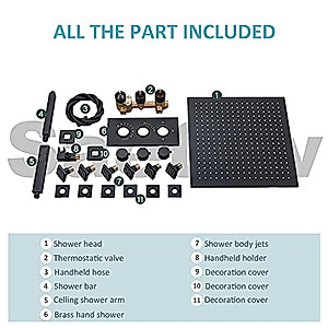 Body Jet Shower System 16 Inch LED Rain Shower Head Faucet with Thermostatic Mixer Valve and 6 Massage Body Sprays and Handheld Shower Combo Set Large Flow(Matte Black)