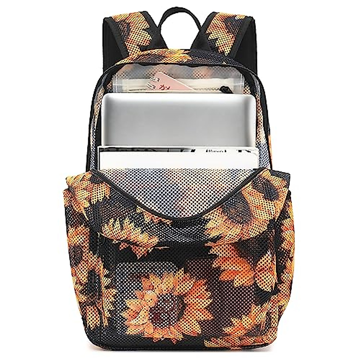 Xunteny Sunflower Mesh Backpack for Girls Women, Semi-Transparent Kids School Backpack College Bookbag Casual Daypacks for Beach Gym Travel (Black)