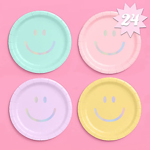 xo, Fetti Smiley Paper Plates - 24 pk, 9" | Happy Pastel Birthday Party Decorations, Cute Bachelorette Party, Cool Cake Plates
