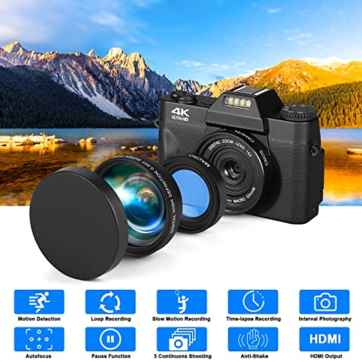 Vlogging Camera, Acoletty 4K 48MP Digital Cameras for Photography, 16X Digital Zoom, 52mm Wide Angle Lens, Macro Lens, 2 Batteries & Charging Stand, 32GB TF Card, 3.0" IPS 30FPS 180°Flip Screen Black
