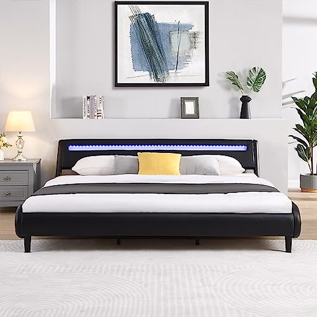Gustonhon King Size Modern Upholstered Platform Bed Frame with RGB LED Lights Leather Headboard,Faux Leather Wave-Like Low Bed Frame,Strong Wood Slats Support, Easy Assembly(Black, King)
