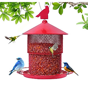 Metal Wild Bird Feeders Clearance,Outside Squirrel Proof Bird Feeder, 7.4LB Hanging Large Capacity Heavy Duty Water Resistance Outdoor Birdfeeders for Garden Yard-Red