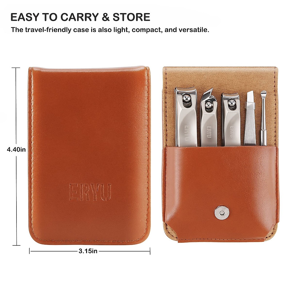 Eryu Nail Clippers Set (5Pcs), Stainless Steel Fingernail Clippers for Men & Women, with Leather Portable Travel Case, Professional Fingernail & Toenail Clippers for Thick Nails - Dad & Mom Gifts