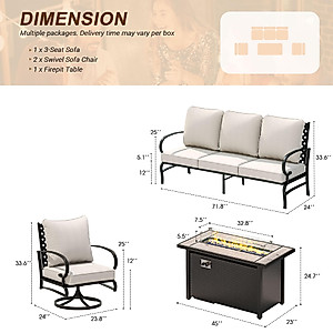 VICLLAX Patio Furniture Set 4 Pieces Outdoor Conversation Set, 3-Seat Sofa with 45" Ceramic Tabletop Fire Pit and 2 Swivel Sofa Chairs for Garden, Poolside, Backyard, Beige Cushion