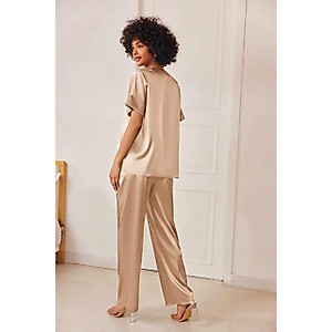Ekouaer Satin Pajama Set Womens Silk Short Sleeve V Neck Shirt with Long Pant Soft Loungewear Pjs Set Khaki