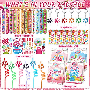Erweicet Candyland Party Favors Sweet Lollipops Slap Bracelets DIY Stickers Temporary Tattoos Keychains Plastic Straws Gift Bags for Kids Girls Sweet Candy Theme Birthday Party Baby Shower