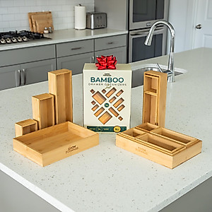 Grow Forward Bamboo Drawer Organizer Boxes - Set of 14 Wooden Drawer Organizers for Kitchen, Bathroom, Office, Desk, Vanity, Makeup - Non-Slip Junk Drawer Organizer Trays for Storage and Organization